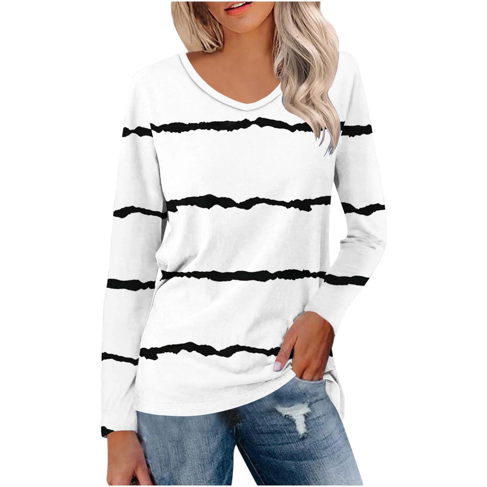 UTSJKR Womens Fall Casual Tops Deals Striped Print Crew Neck Blouses ...