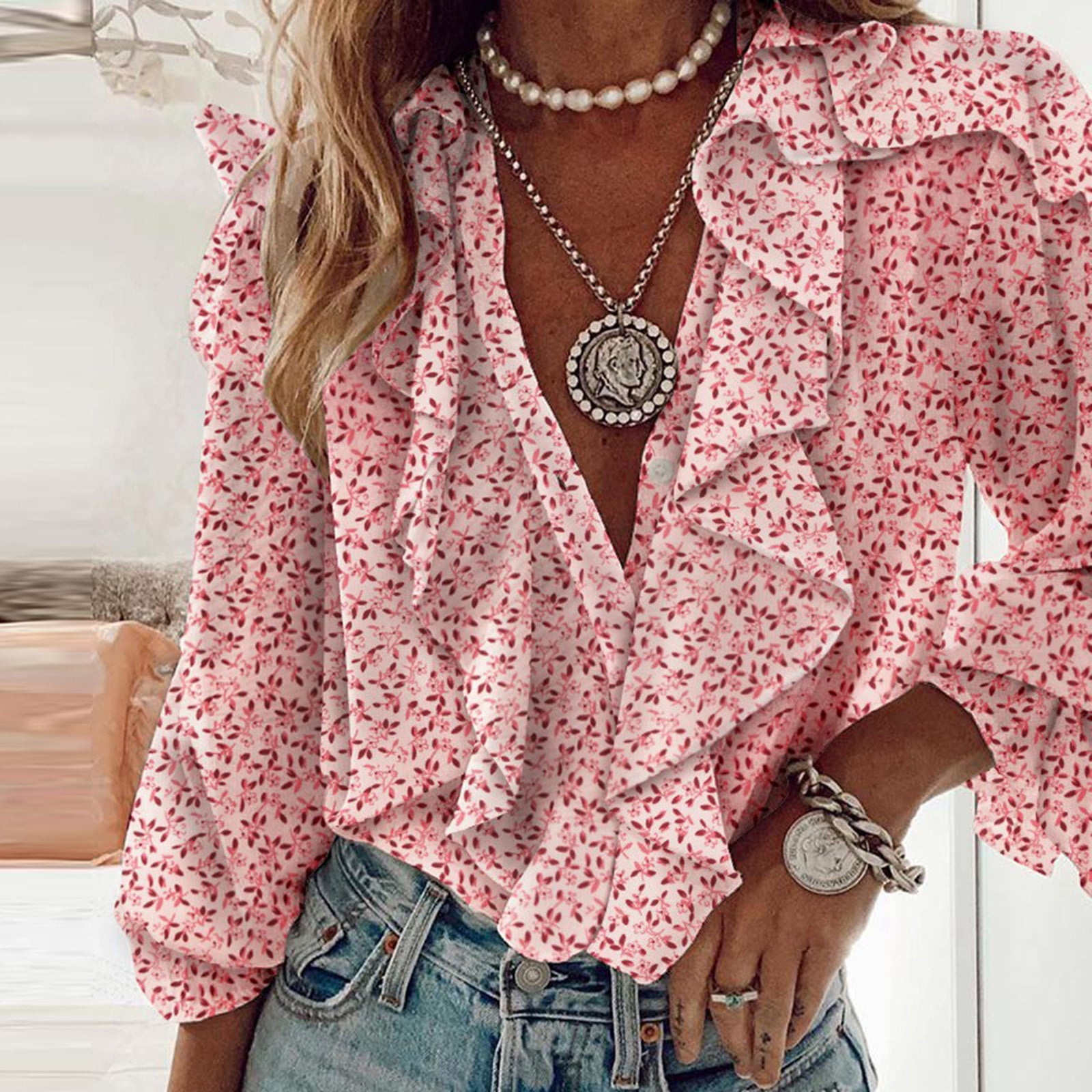 UTTOASFAY Women'S Winter Tops On Women Casual Solid Long Sleeve Ruffle ...