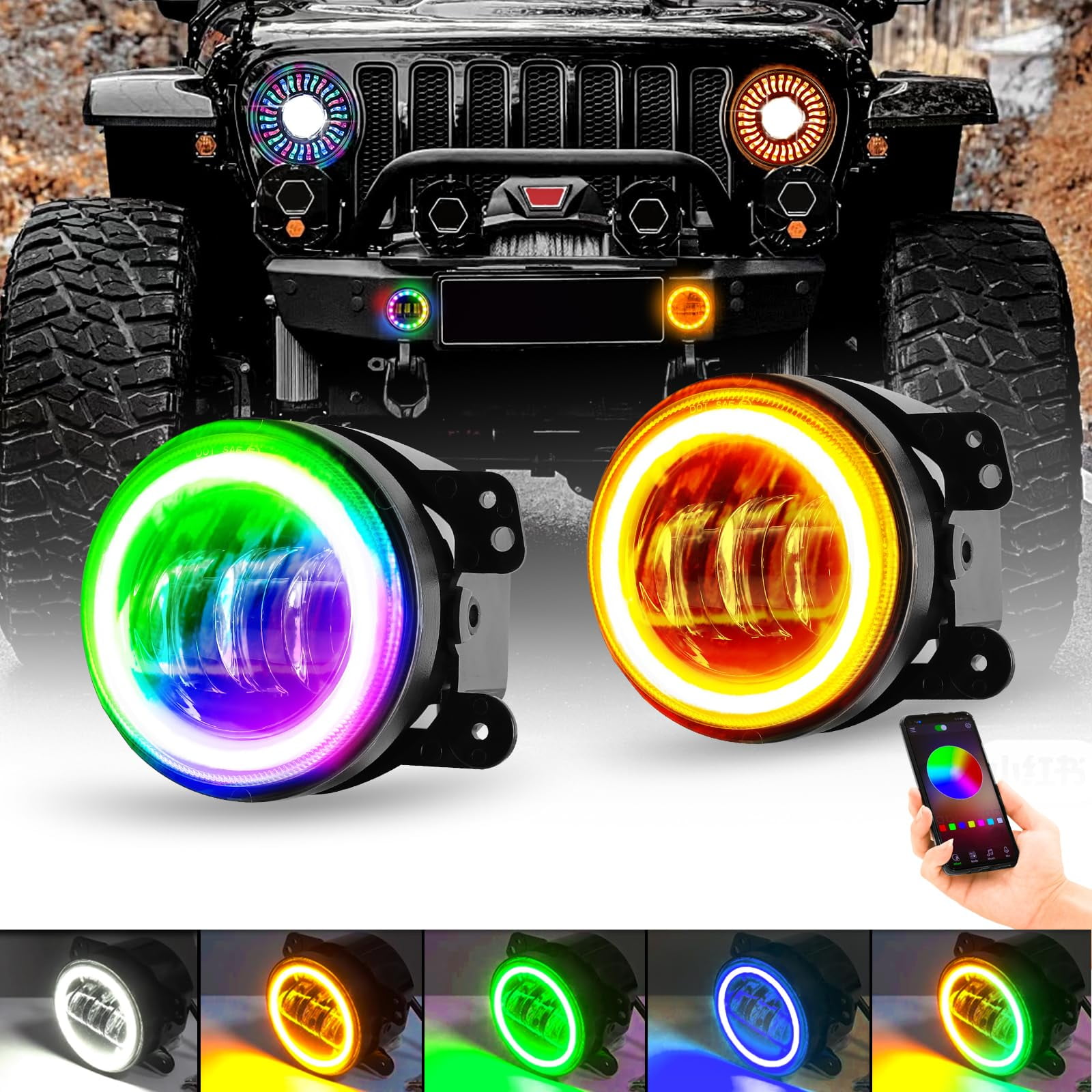 UTVJATV 4 Inch Halo OIF8 RGB Fog Lights for JK,JK LED Fog Light with ...