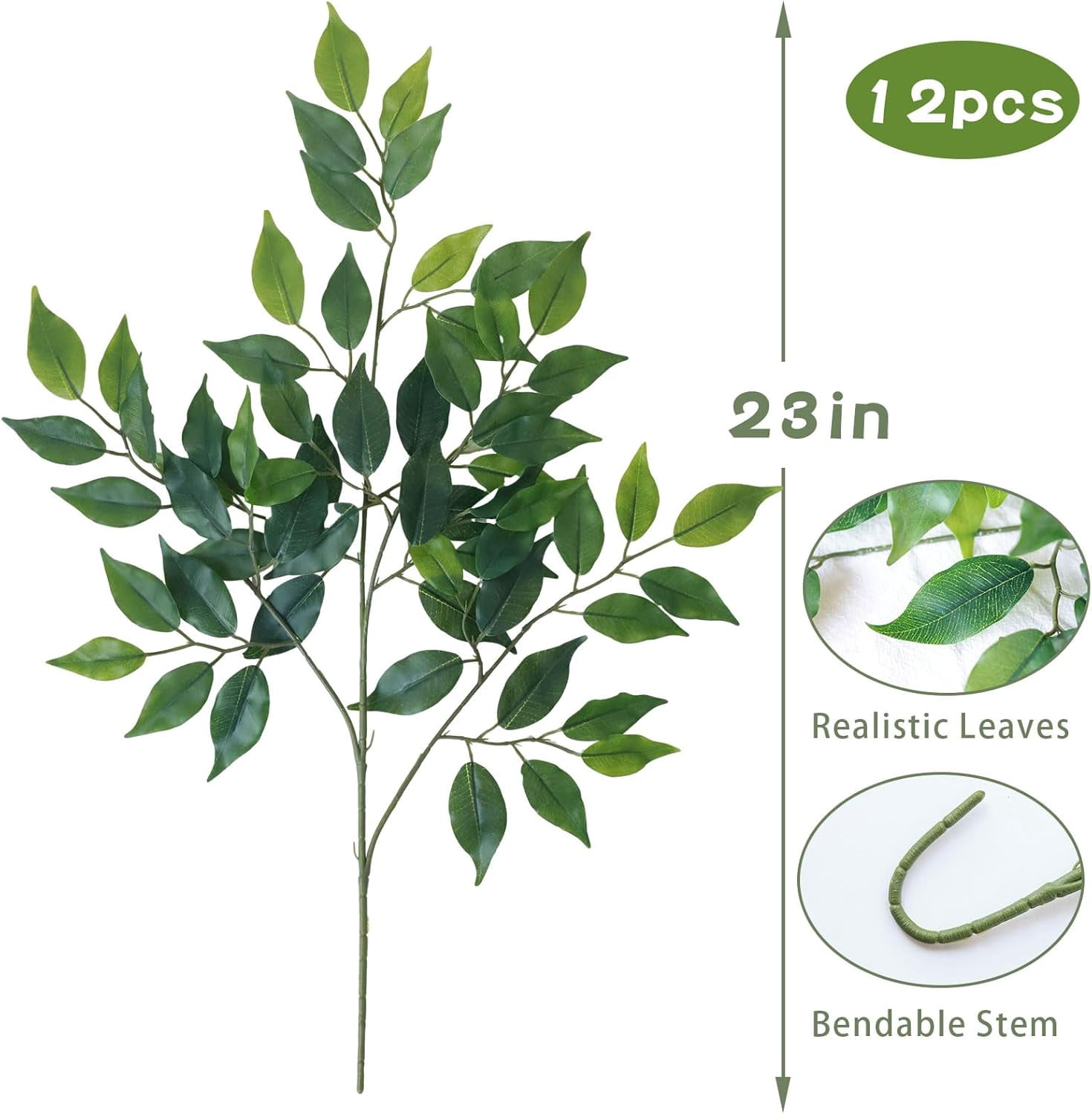 UUGHWW-12pcs Artificial Greenery Stems Silk Green Leaves Fake 23in ...