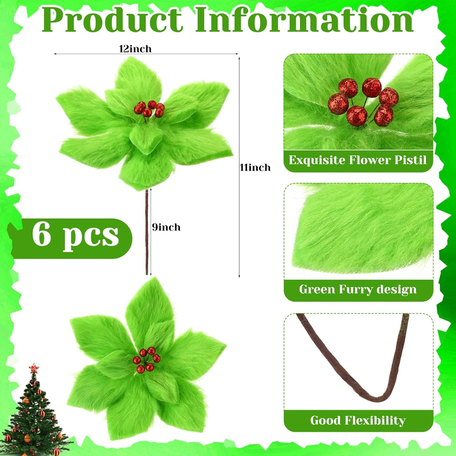 UUGHWW-16 Pcs Green Furry Christmas Tree Picks 12″ Plush Christmas ...