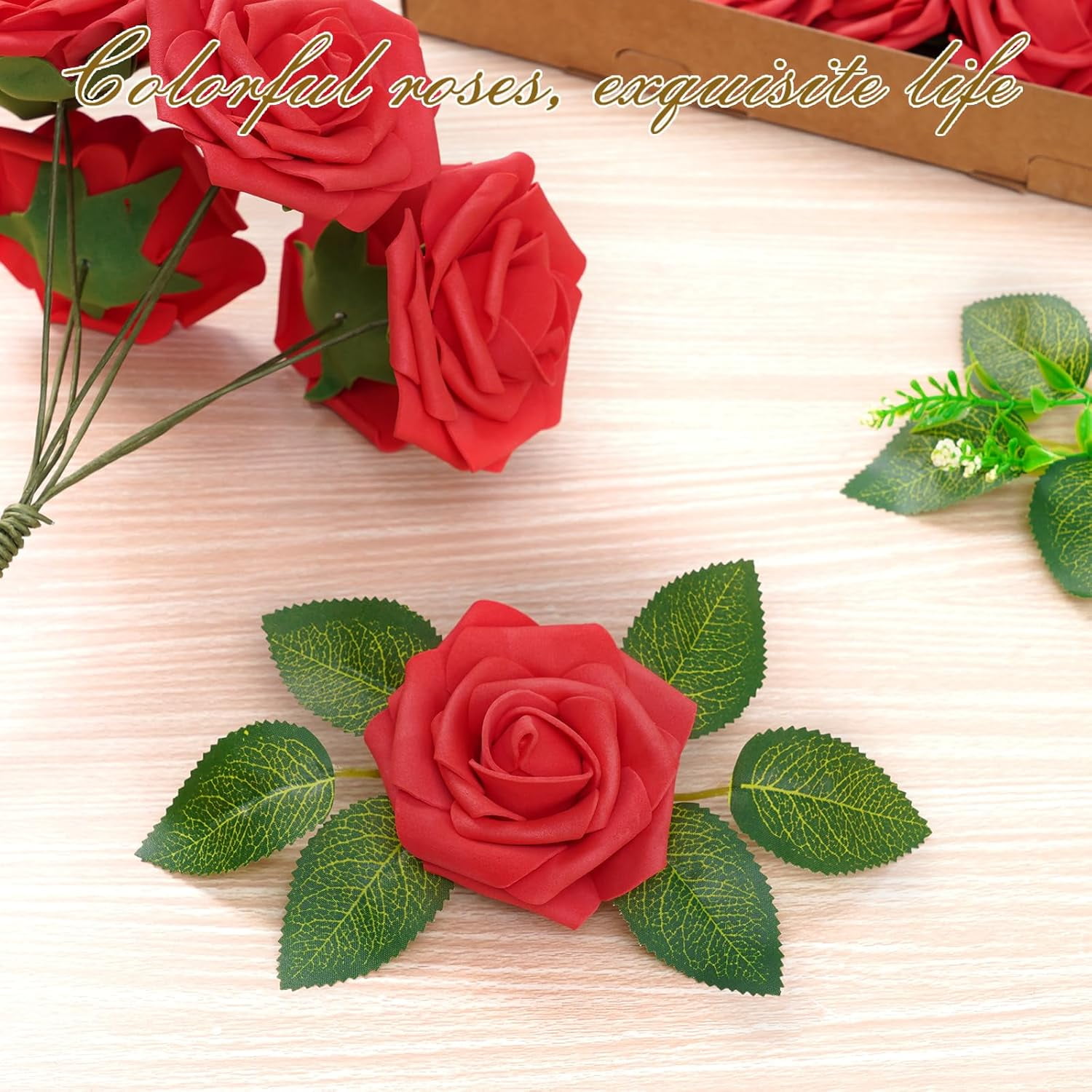 UUGHWW-16Pcs Artificial Flowers Fake Roses with Stems, Red Boxed Foam ...