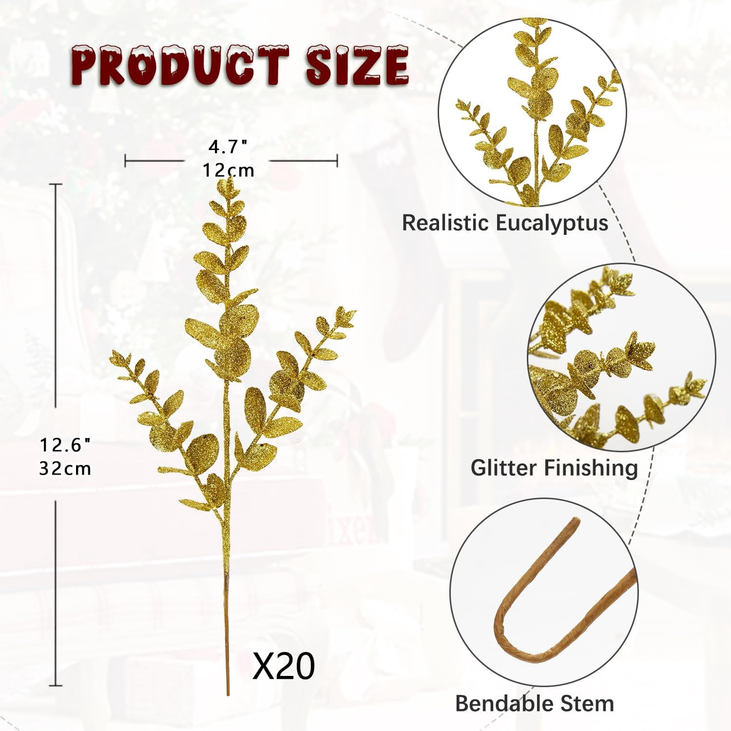 UUGHWW-20 Pcs Glitter Artificial Eucalyptus Branches 13" Christmas Pine ...