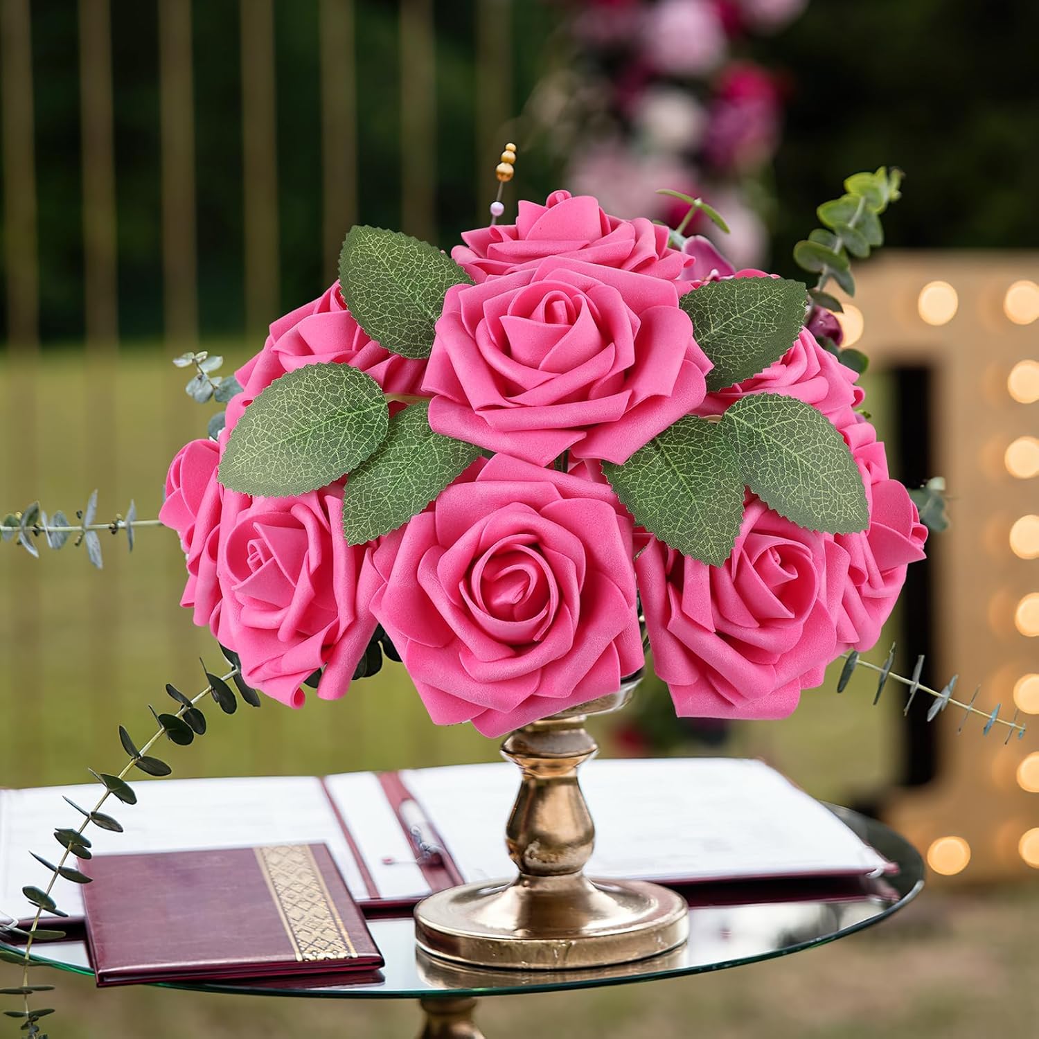 UUGHWW-25pcs Real Looking Artificial Hot Pink Roses w/Stem for DIY ...
