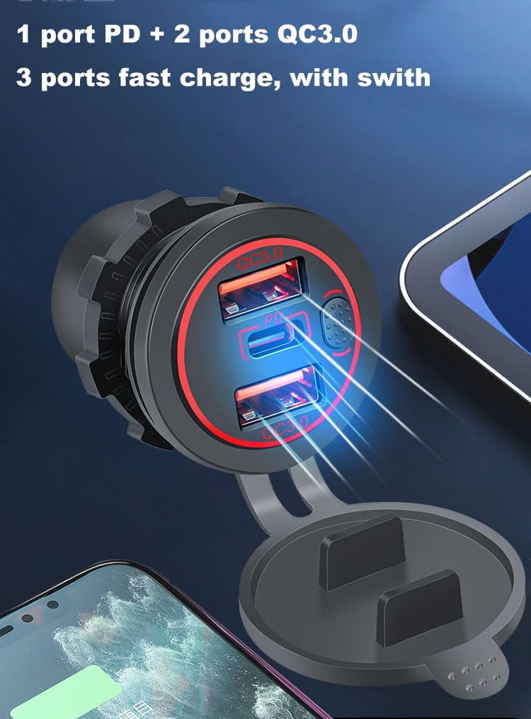 UUGHWW-3 Ports 18W USB Car Charger With Switch, 12-24V Dual QC 3.0 USB ...