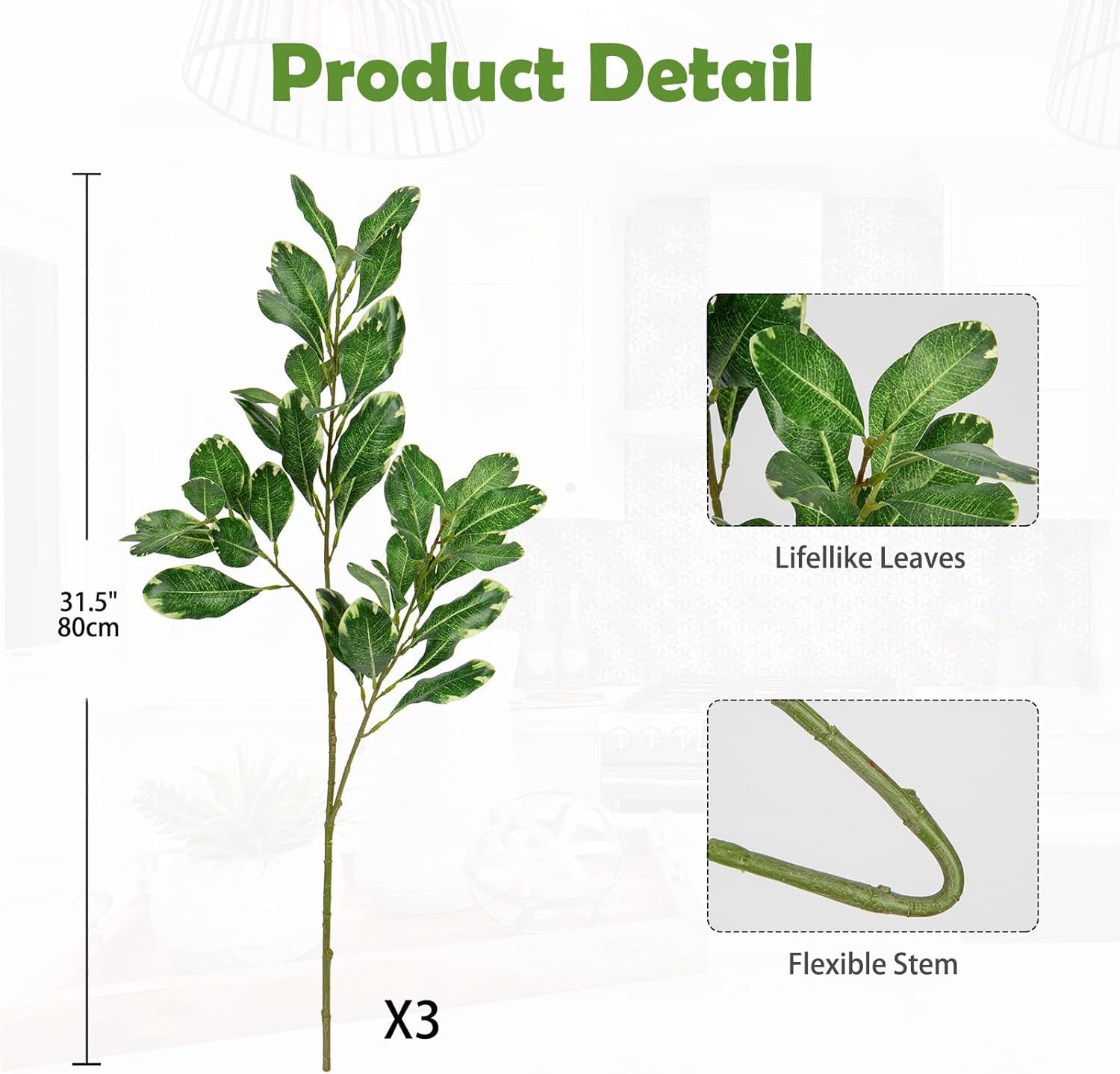 UUGHWW-3PCS Artificial Greenery Stems 31.5 Inch Faux Branches for Vase ...