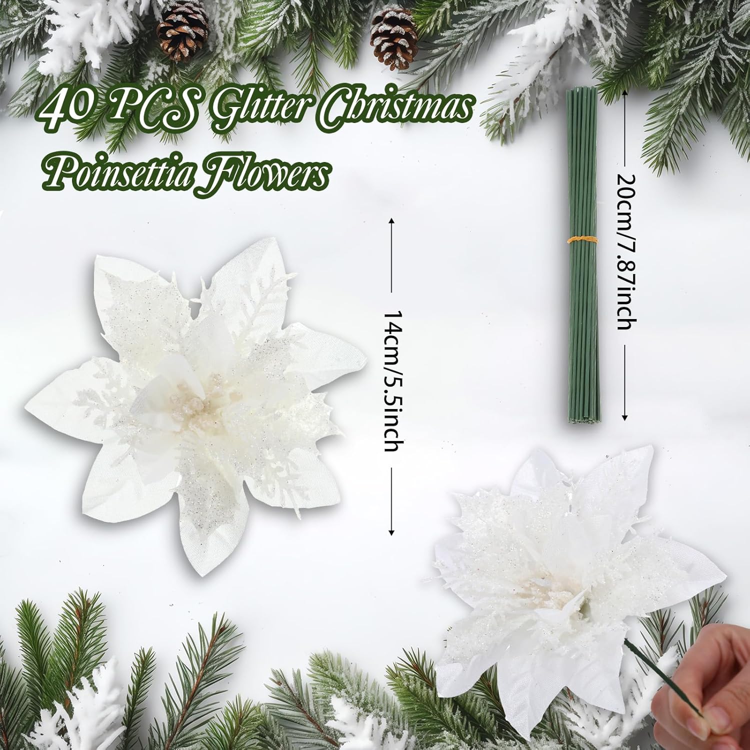 UUGHWW-40 Pcs White Christmas Poinsettia Flowers 5.5 Inch Christmas ...