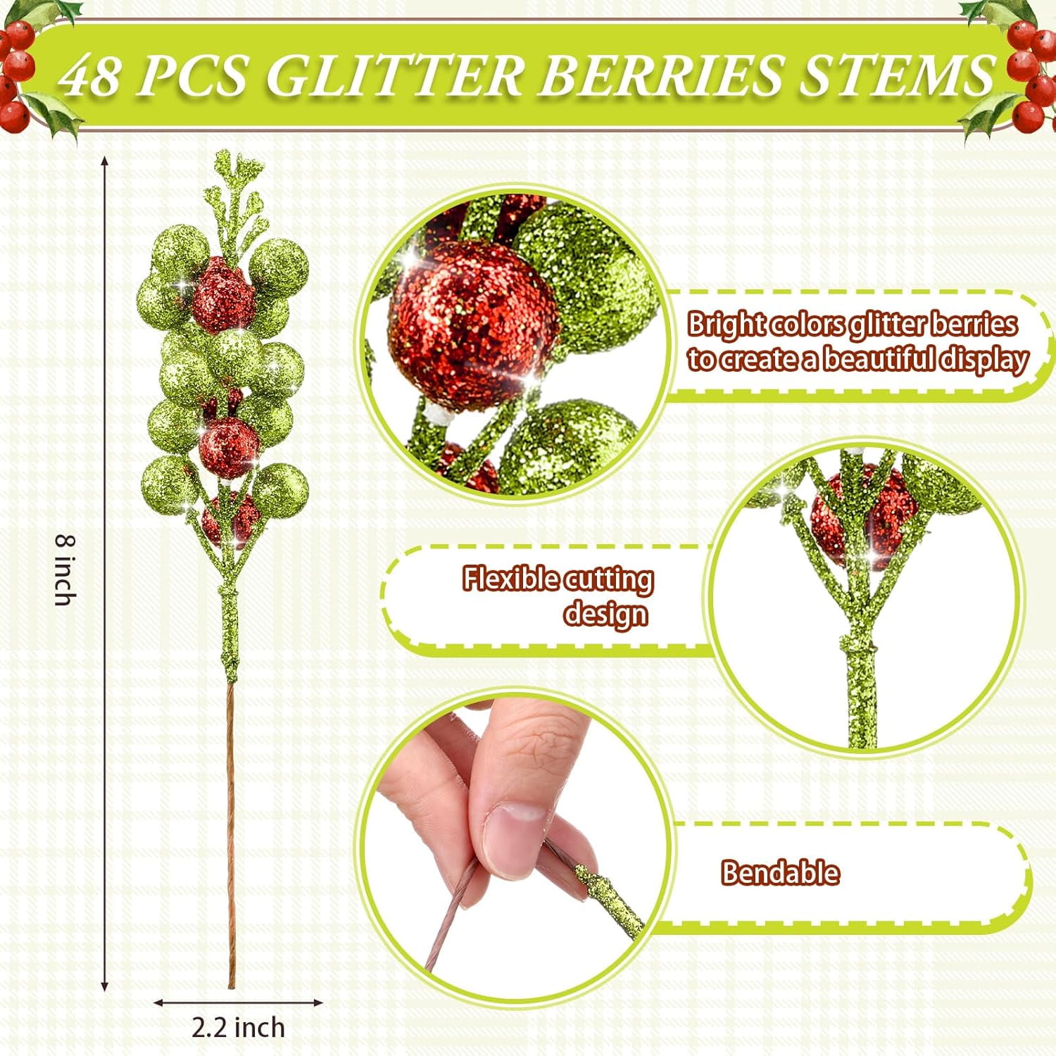 UUGHWW-48 Pcs Christmas Glitter Berry Stem 8 Inch Red Green Artificial ...
