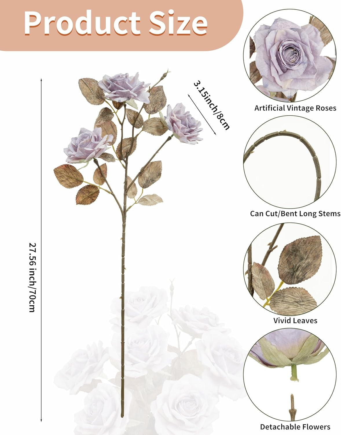 UUGHWW-4pcs Artificial Vintage Roses Fake Fall Silk Rose with Long Stem ...