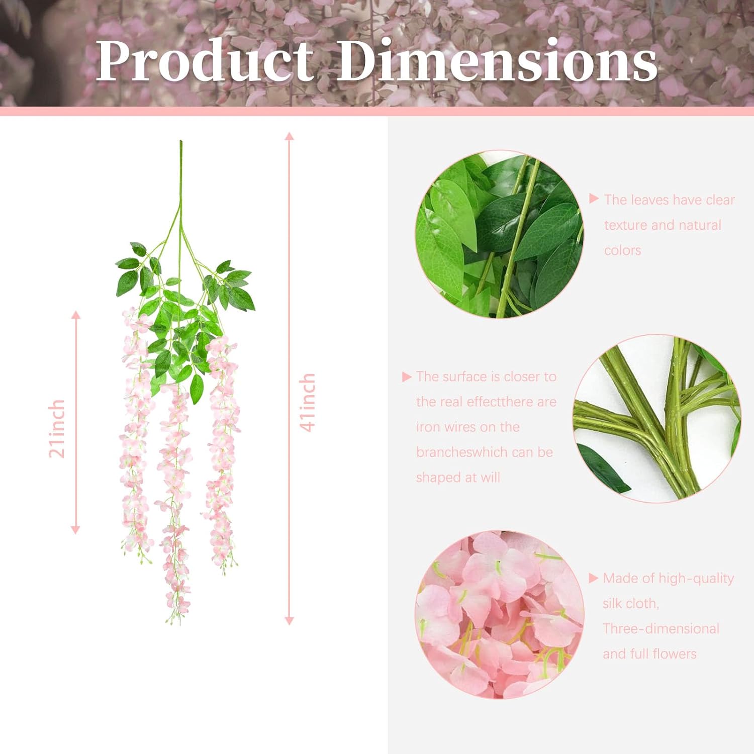 UUGHWW-5 Pack Light Pink Wisteria Hanging Flowers, 3.44 Ft Fake Hanging ...