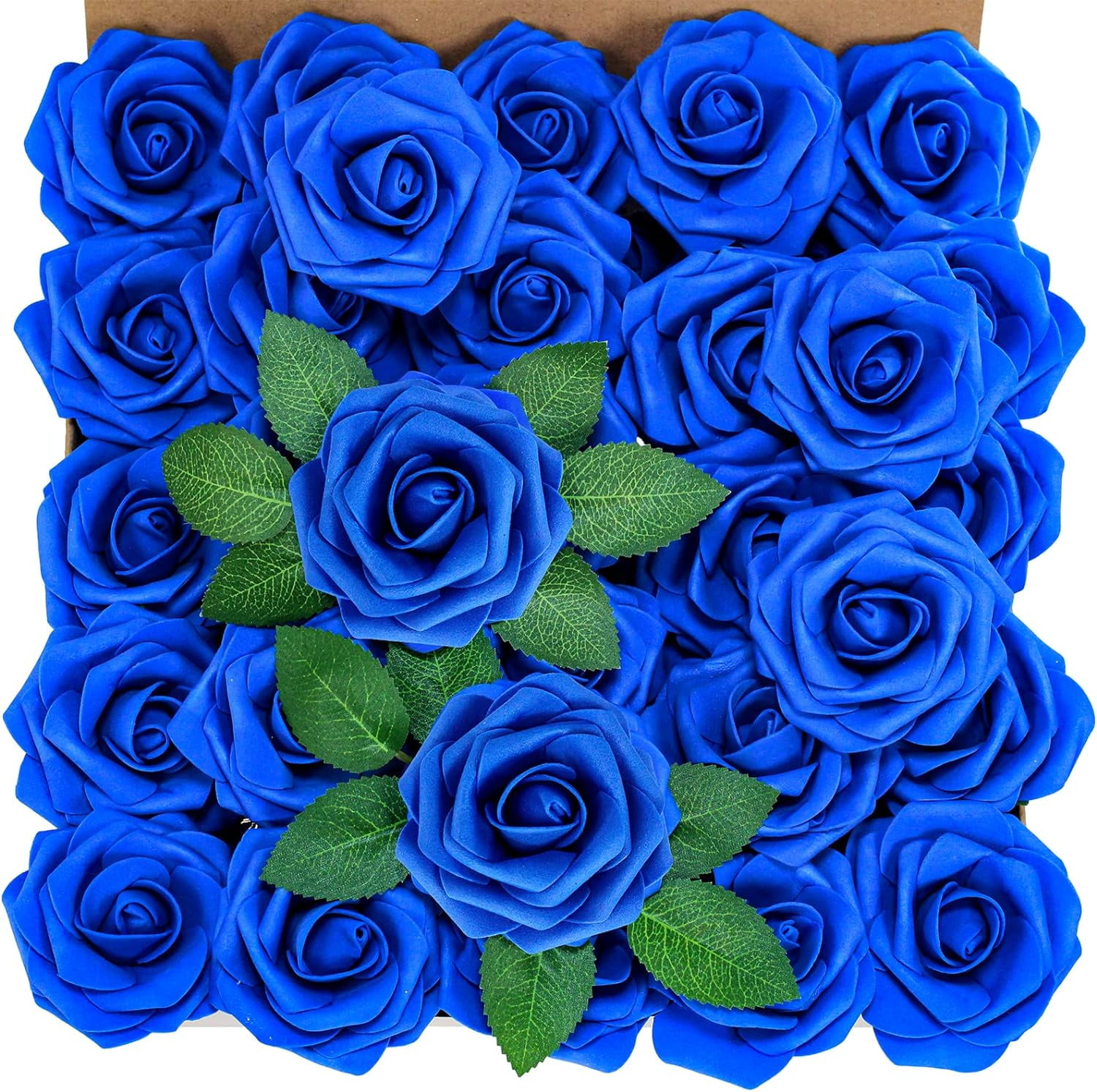 UUGHWW-50 pcs Real Touch Blue Roses with Stems & Silk Leaves Bulk ...