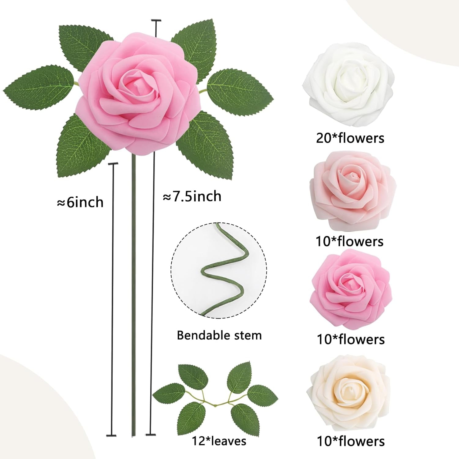 UUGHWW-50PCS Artificial Flowers Pink Roses Real Looking Foam Fake Roses ...