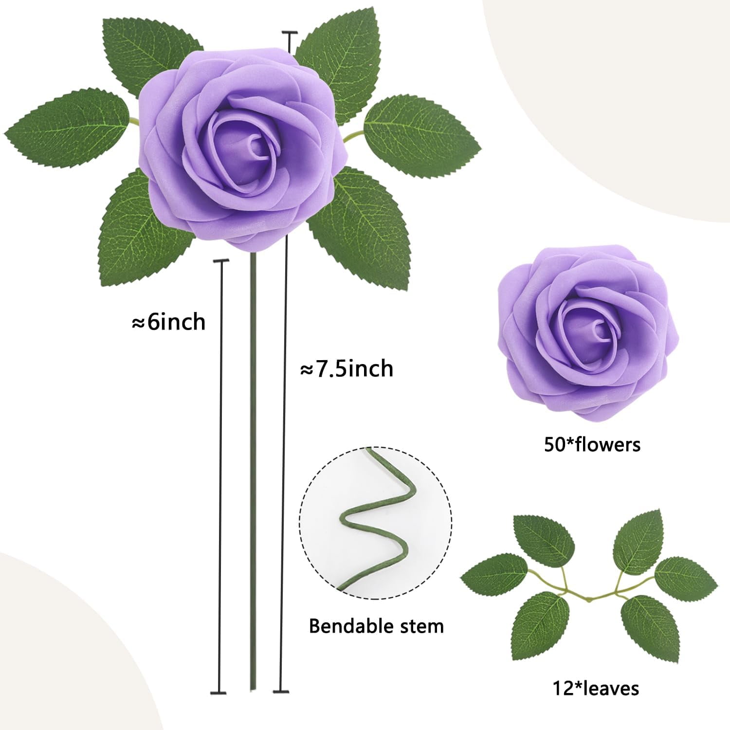 UUGHWW-50PCS Artificial Flowers Purple Roses Real Looking Foam Fake ...