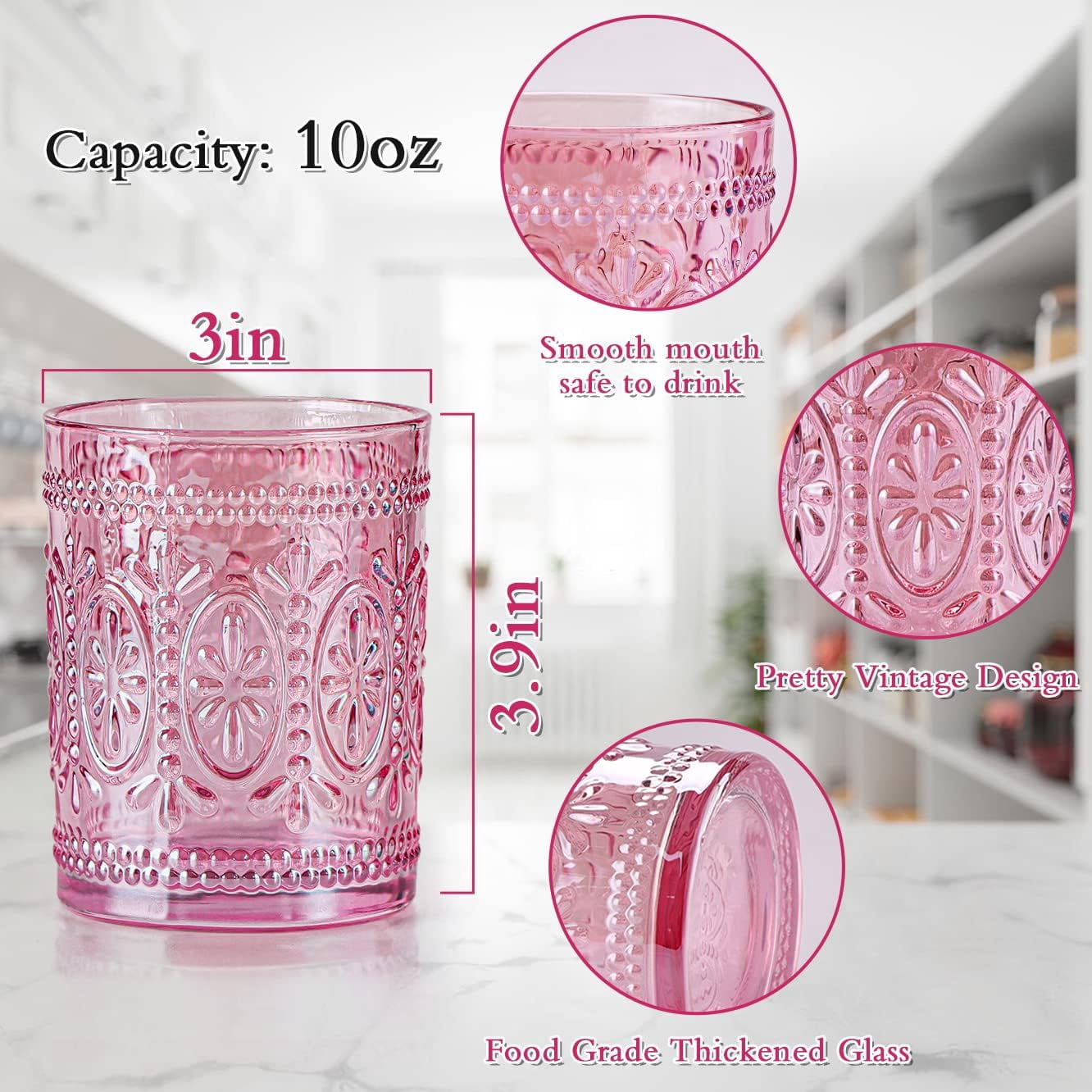 UUGHWW-6 Pack Pink Vintage Glassware Set, 10oz Romantic Drinking ...