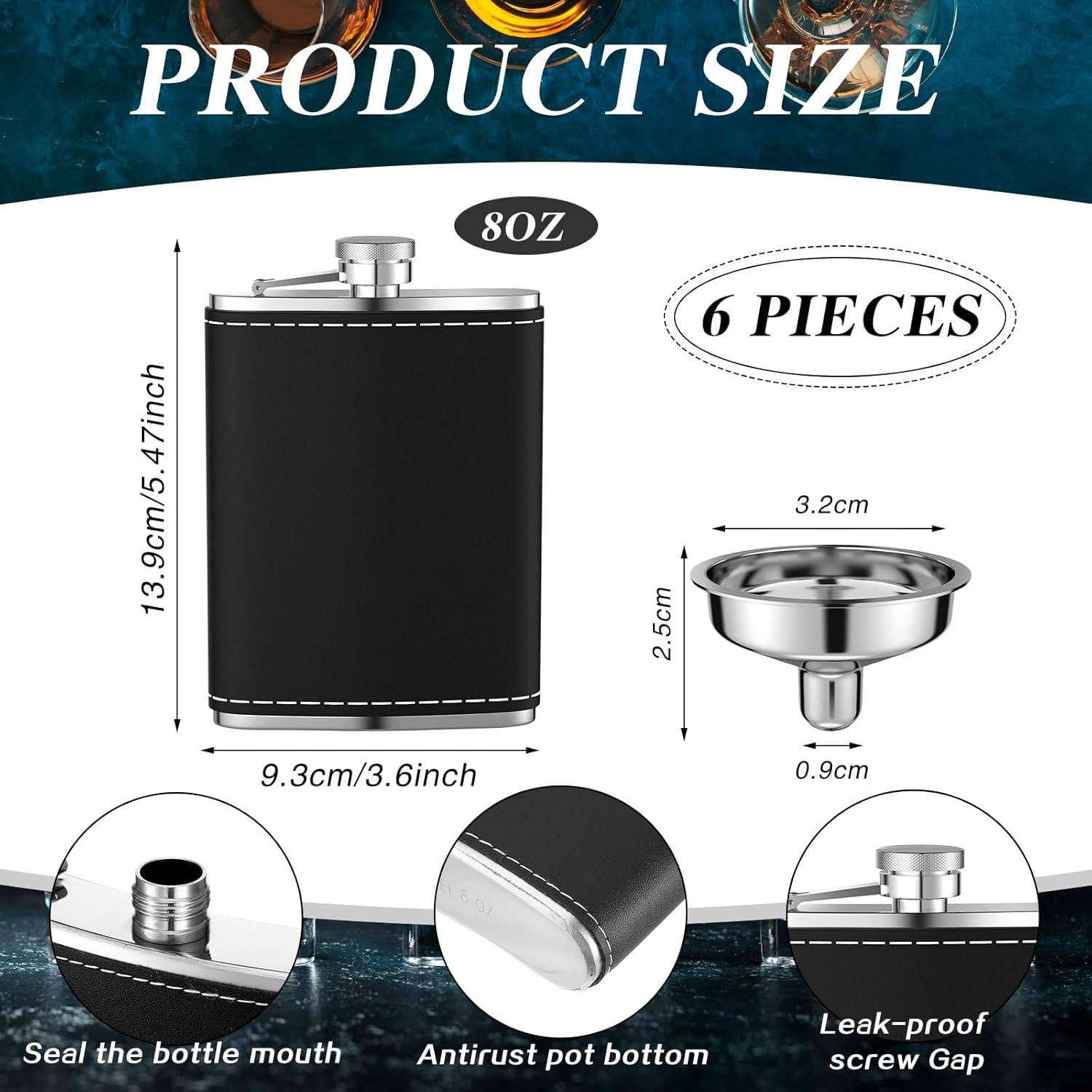 UUGHWW-6 Set 8 oz Leather Hip Flasks for Liquor for Men Leak Proof ...