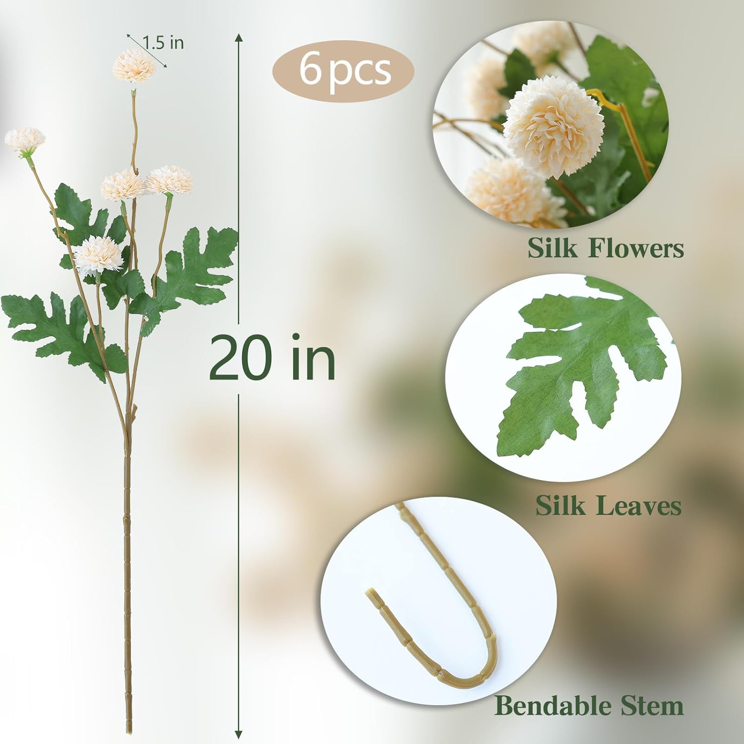 UUGHWW-6Pcs Beige Fake Silk Pompon Mum Artificial Flowers Bulk Small ...