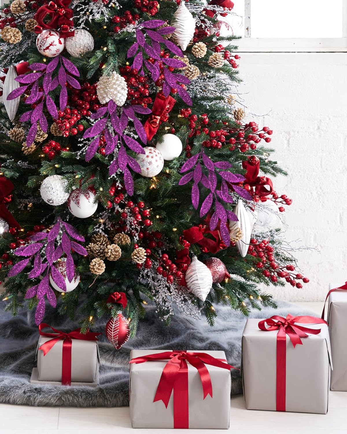 UUGHWW-6Pcs Christmas Glitter Leaves Bay Leaves Spray 24" Artificial ...