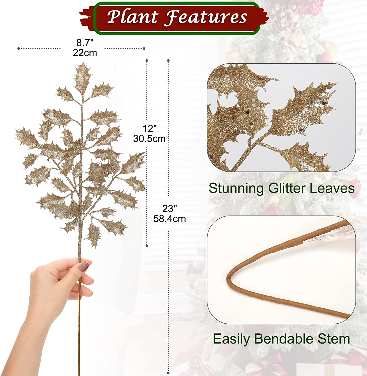 UUGHWW-6Pcs Christmas Glitter Leaves Holly Leaves 23" Artificial ...