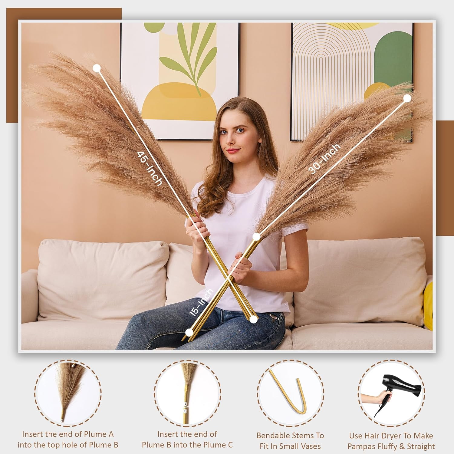 UUGHWW-7 Pcs 45" Faux Pampas Grass \u2013 Fluffy Artificial Pompous ...