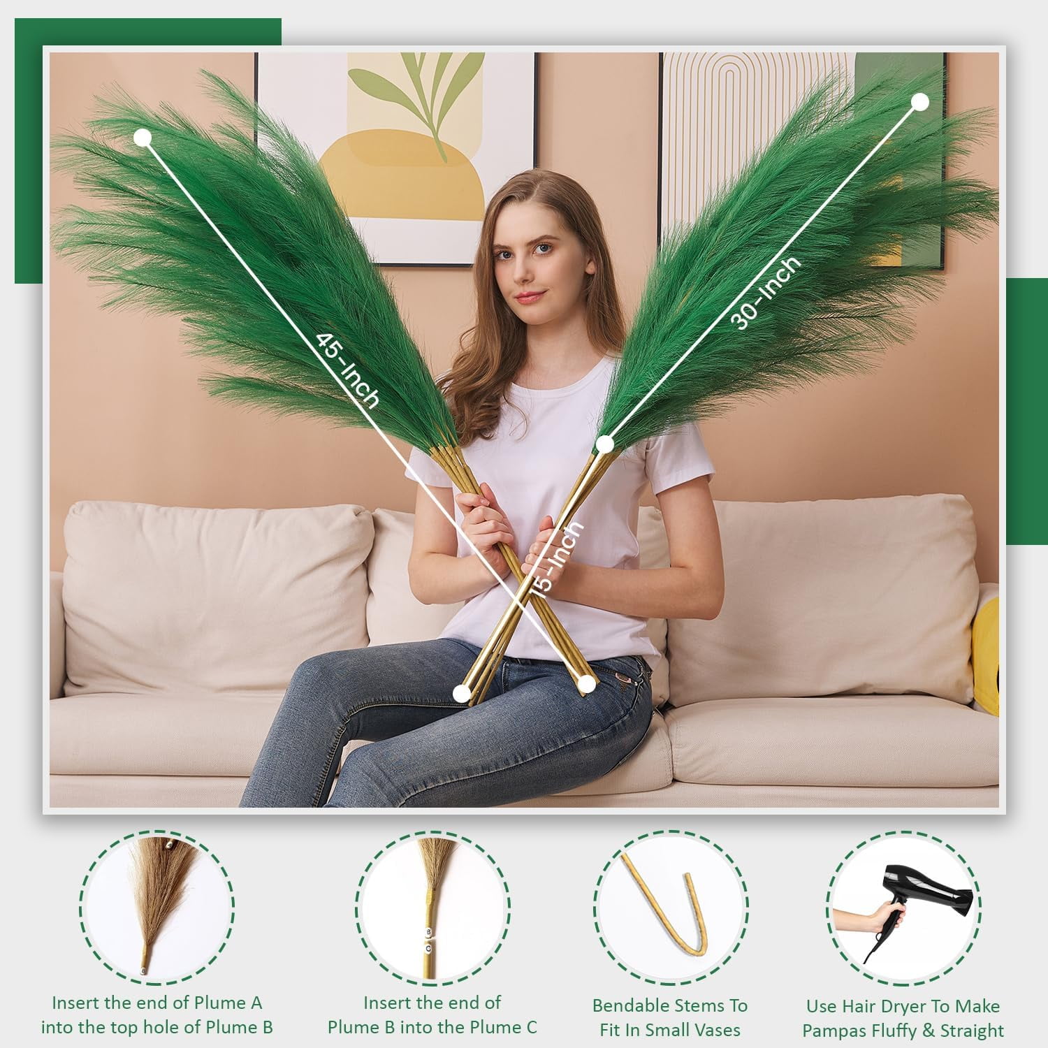 UUGHWW-7 Pcs 45" Faux Pampas Grass \u2013 Fluffy Artificial Pompous ...