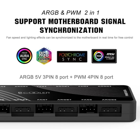 UUGHWW-ARGB Fan Hub, PWM ARGB Hub Addressable 5V 3Pin ARGB & 12V 4Pin PWM 2-in-1 RGB Case Fan ...