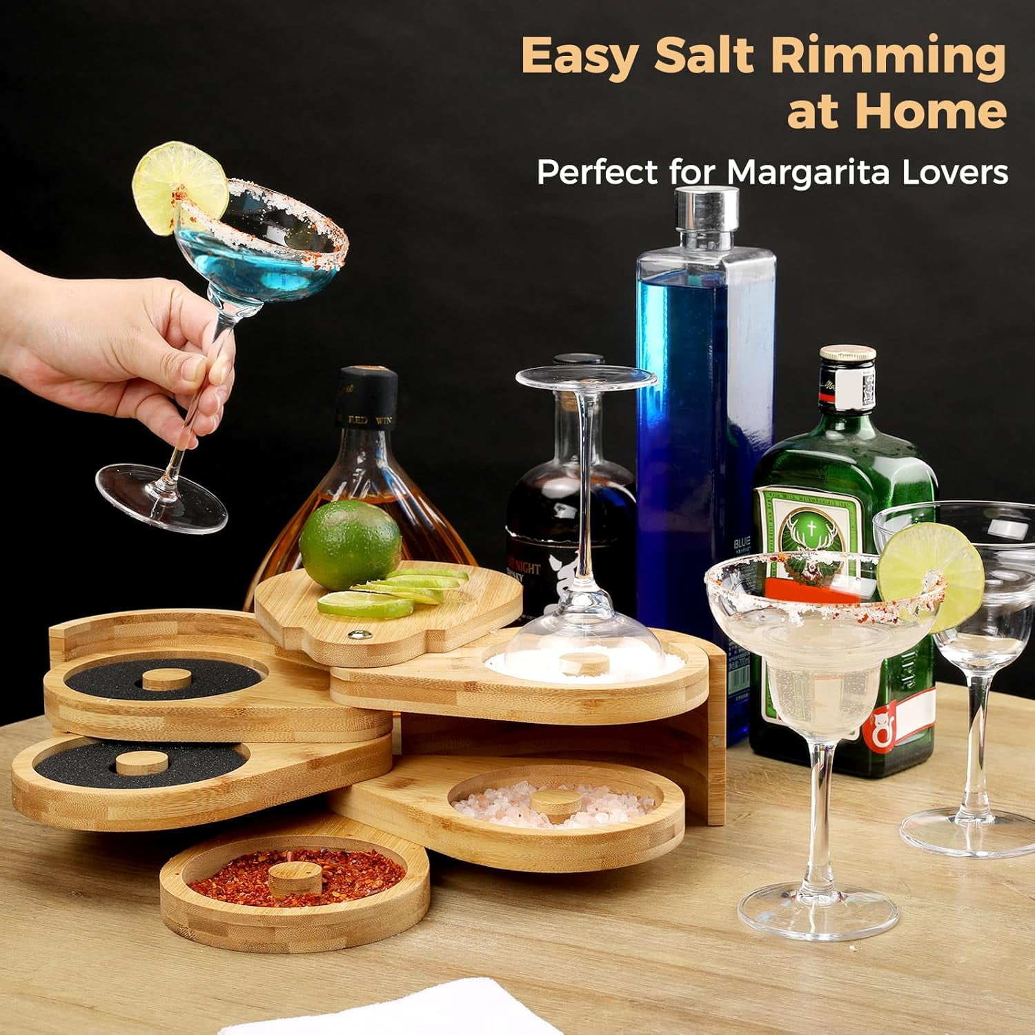 UUGHWW-Bamboo Margarita Salt Rimmer Set – 5-Tier Rotating Cocktail ...