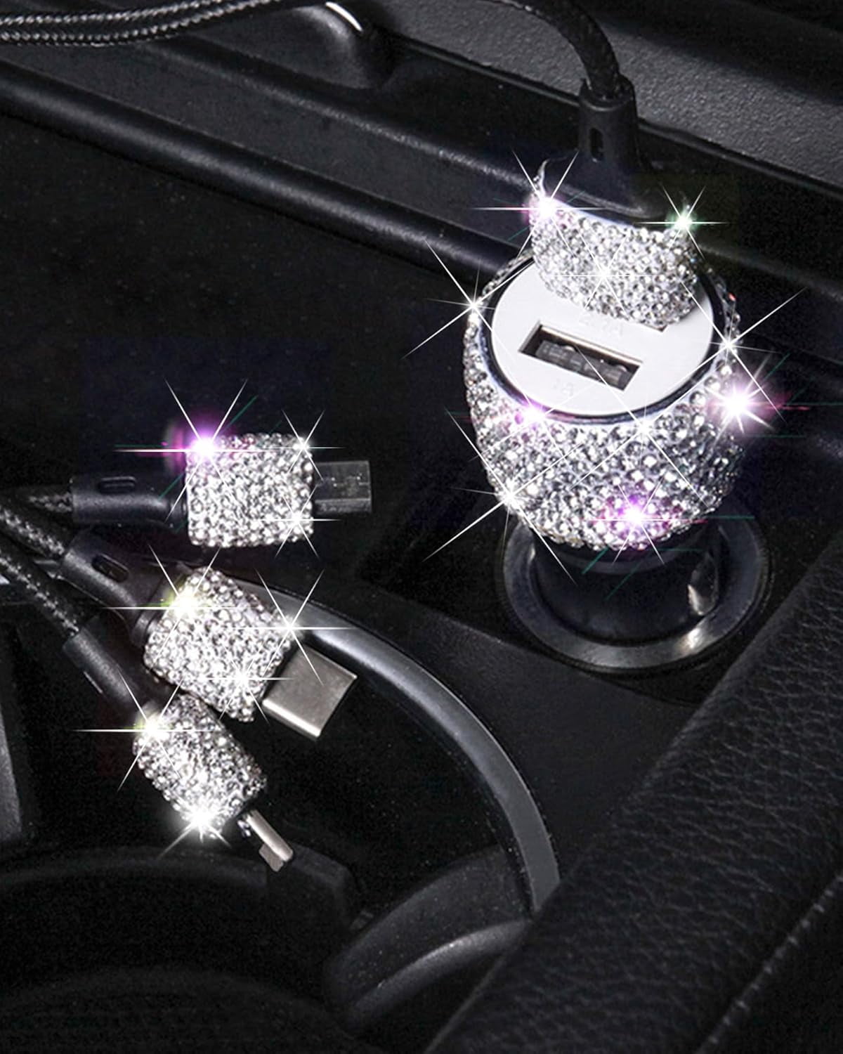 UUGHWW-Bling USB Car Charger 5V 2.4A White Crystal Decor Dual Port Fast ...