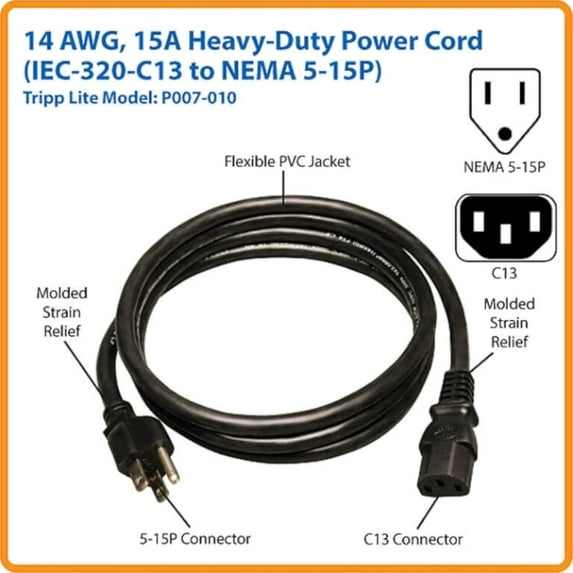 UUGHWW-Eaton series 15 Amp Standard 10ft Computer Power Cord for PC ...