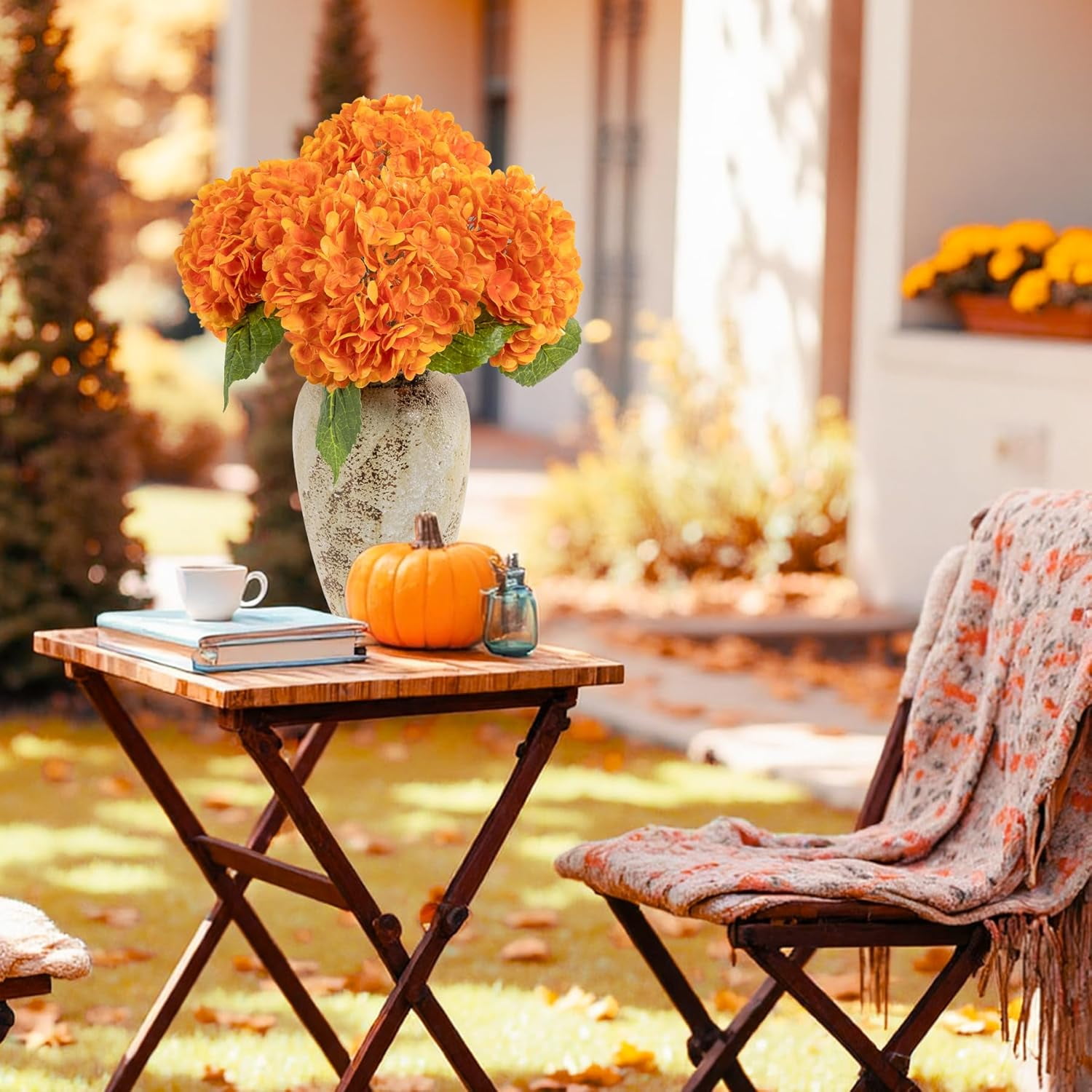 UUGHWW-Fall Decor,3 Pcs Orange Hydrangea Artificial Flowers Latex Real ...