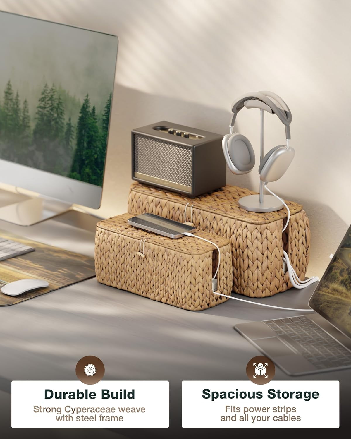 UUGHWW-Large Cable Management Box, Natural Rattan Cable Cord Organizer ...