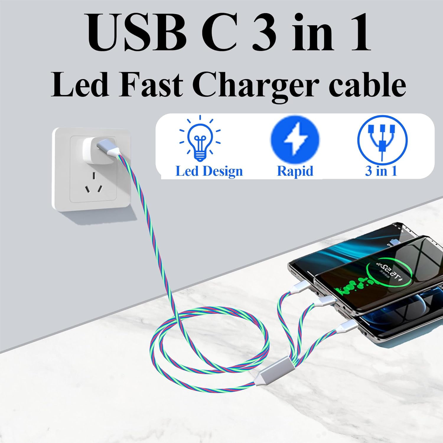 UUGHWW-Led USB C Multi Charging Cable Light up 3 in 1 Charging Cable 3A ...