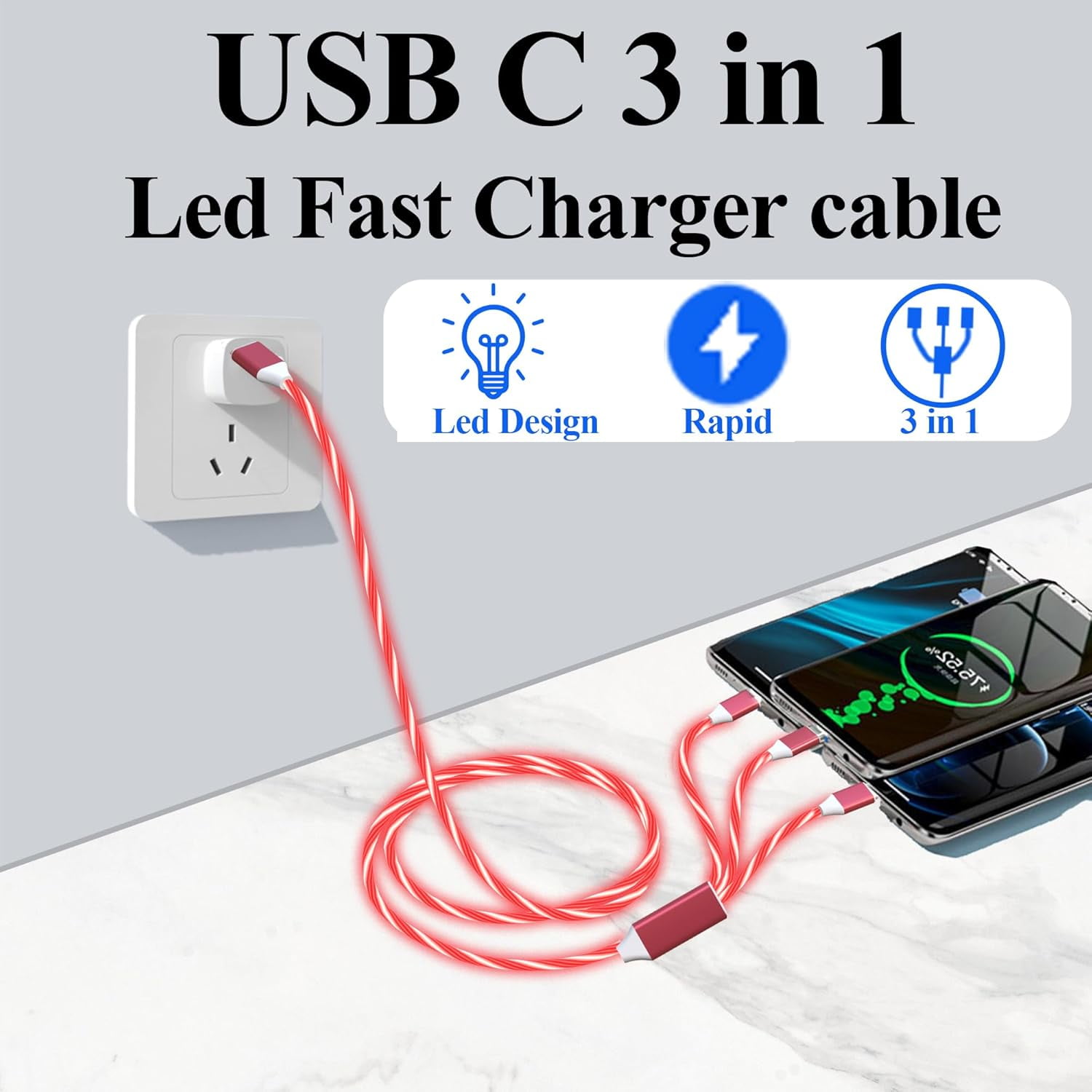 UUGHWW-Led USB C Multi Charging Cable Light up 3 in 1 Charging Cable 3A ...