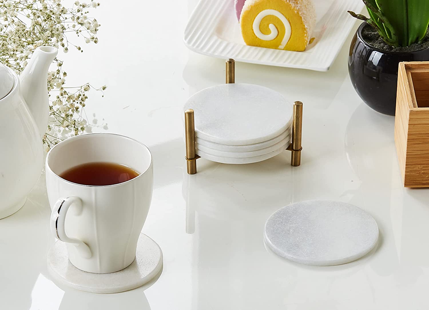 UUGHWW-Marble Coaster Set of 6 with Metal Holder, Pearl White Marble ...
