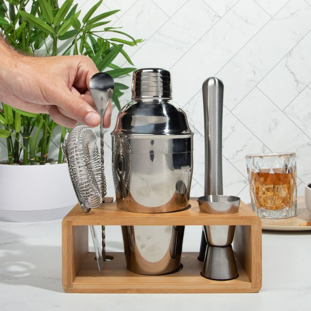 UUGHWW-Premium Cocktail Shaker Set with Bamboo Stand, 4-Piece Bar Tools ...