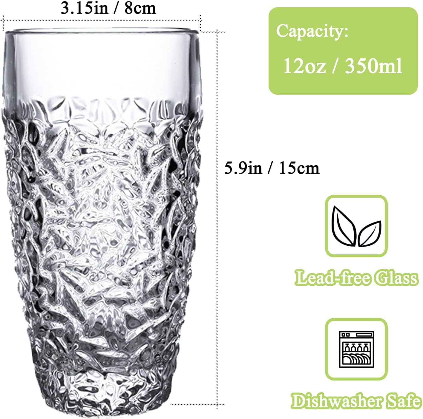 UUGHWW-Set of 4 Luxury Highball Glasses - 12oz Cut-Glass Water Drinking ...