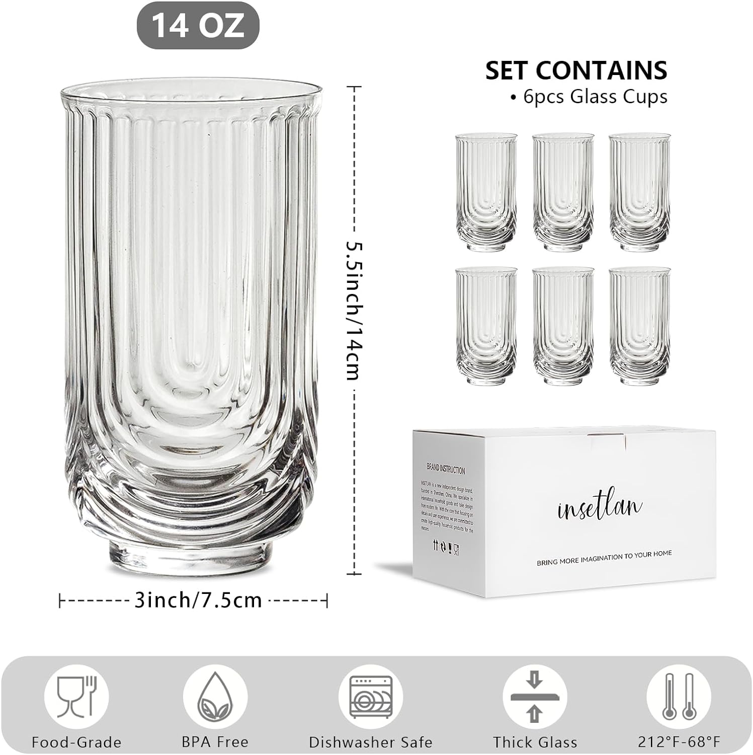 UUGHWW-Set of 6 Water Drinking Glasses, Arch Design Cocktail Glasses ...