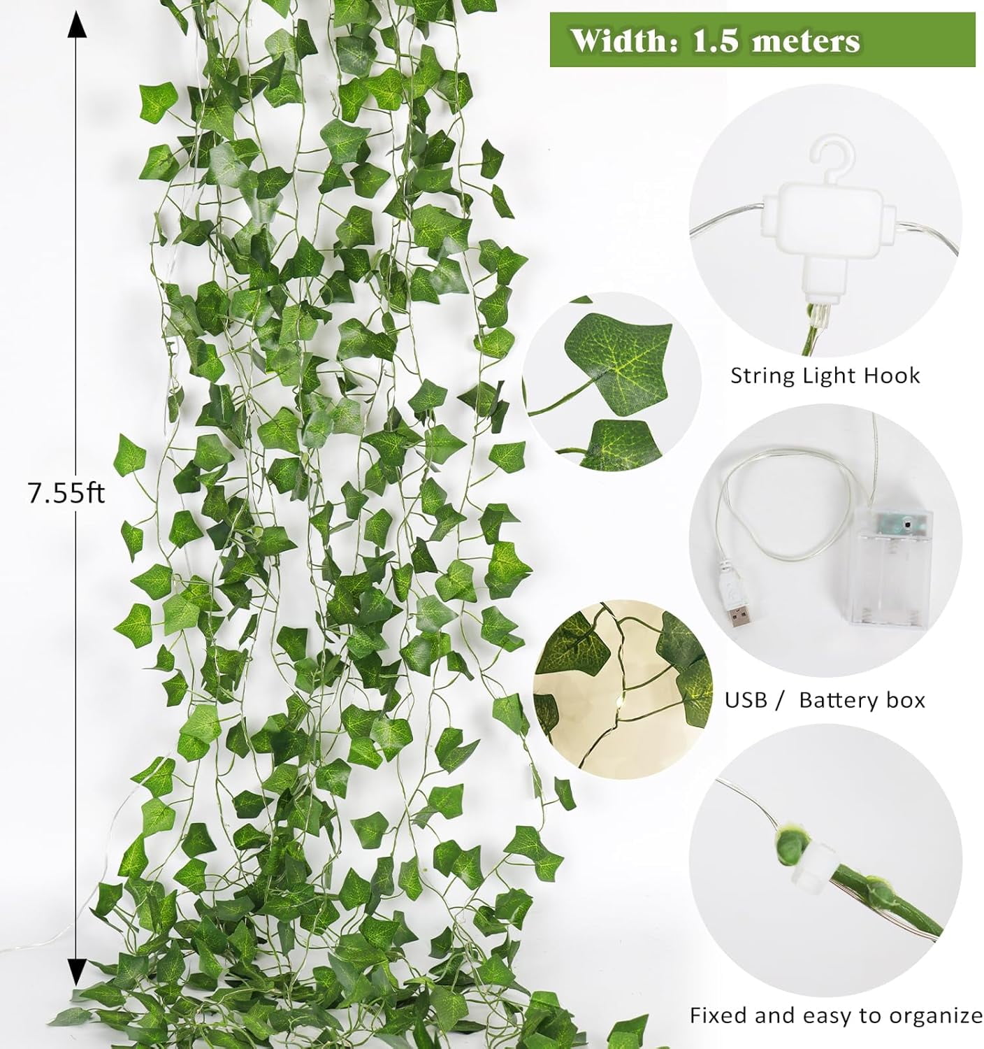 UUGHWW-Vines with Lights Strings 59 Inches Wall Leaves Artificial Ivy ...