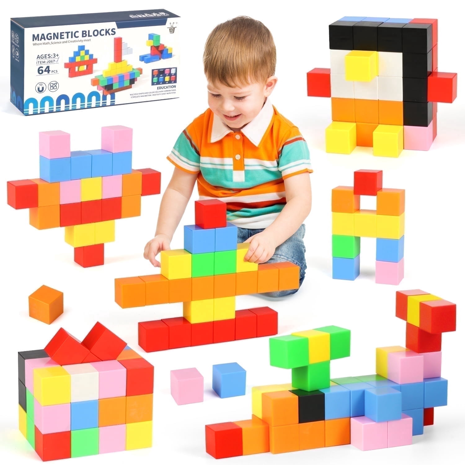 UUSUOO 64 PCS Magnetic Blocks, STEM Montessori Toys for Kids 1-8 ...