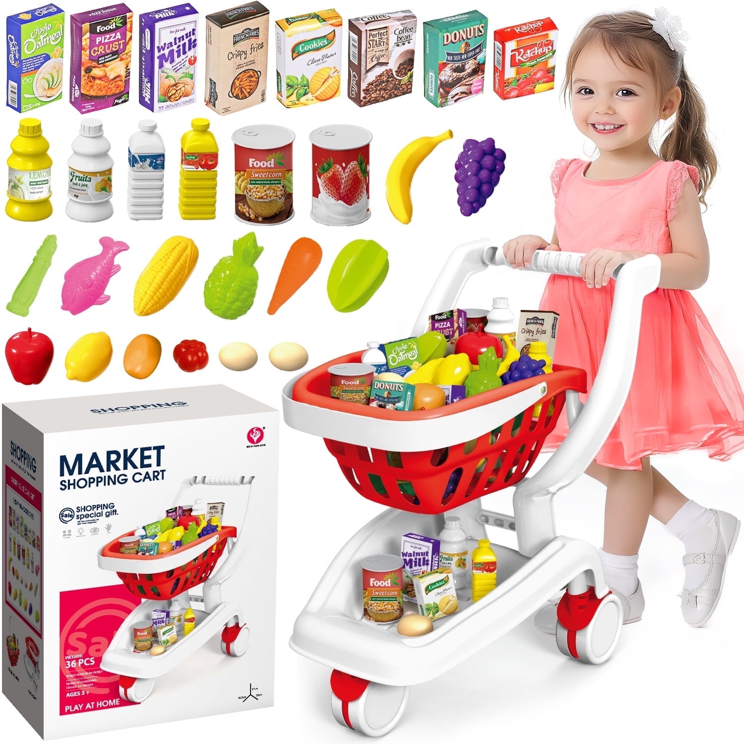 UUSUOO 36Pcs Shopping Cart for Kids,Toy Shopping Cart with Play Food ...