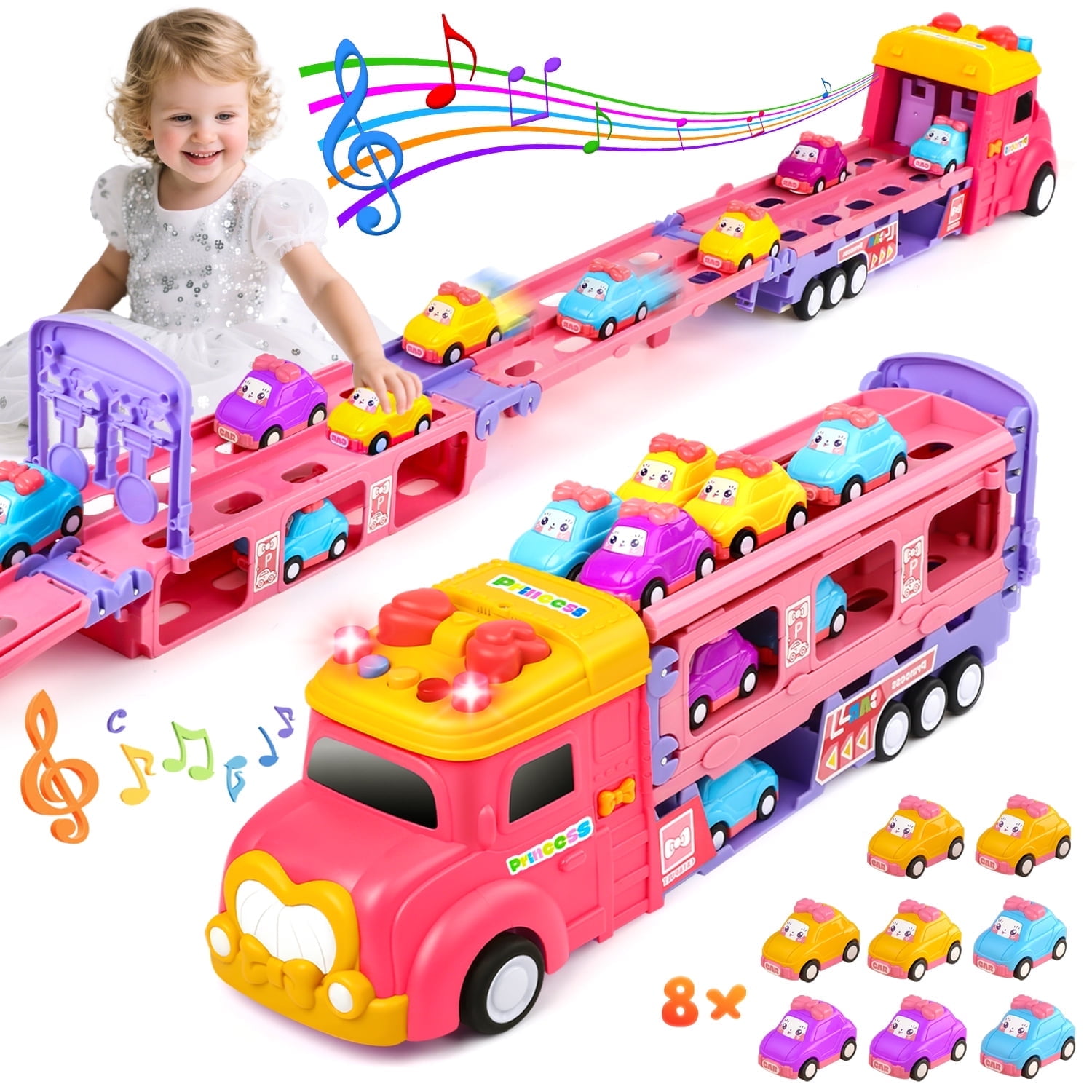 UUSUOO Truck Toys for Girls,9 IN 1 Pink Princess Toys Carrier Truck ...