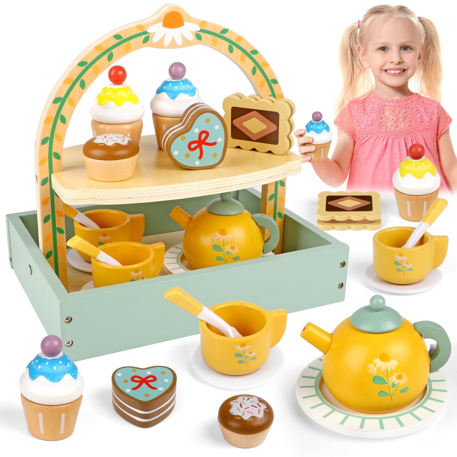 UUSUOO 19PCS Tea Sets for Toddlers 3-5,Wooden Tea Set for Little Girls ...