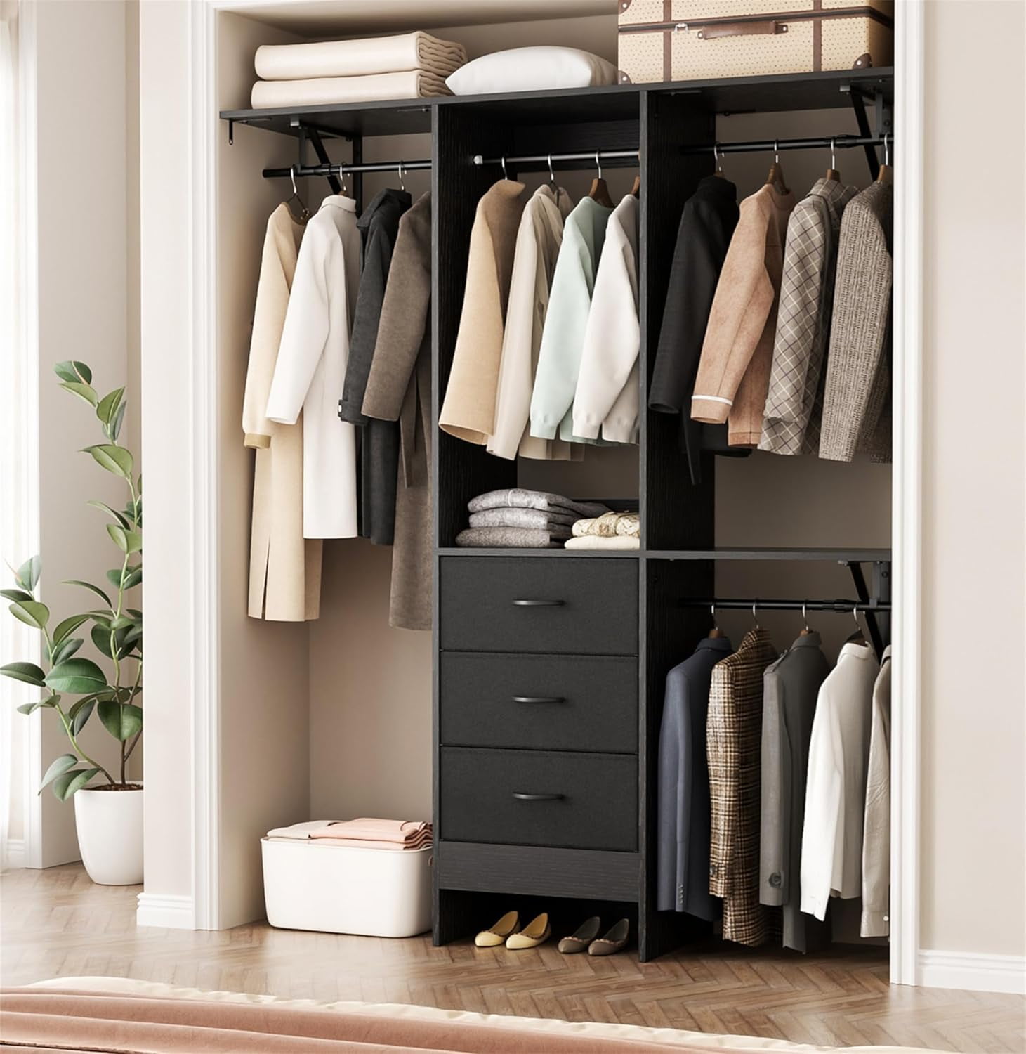UUYDI 5FT Wood Closet System with 3 Drawers 59 Inches Wood Closet ...