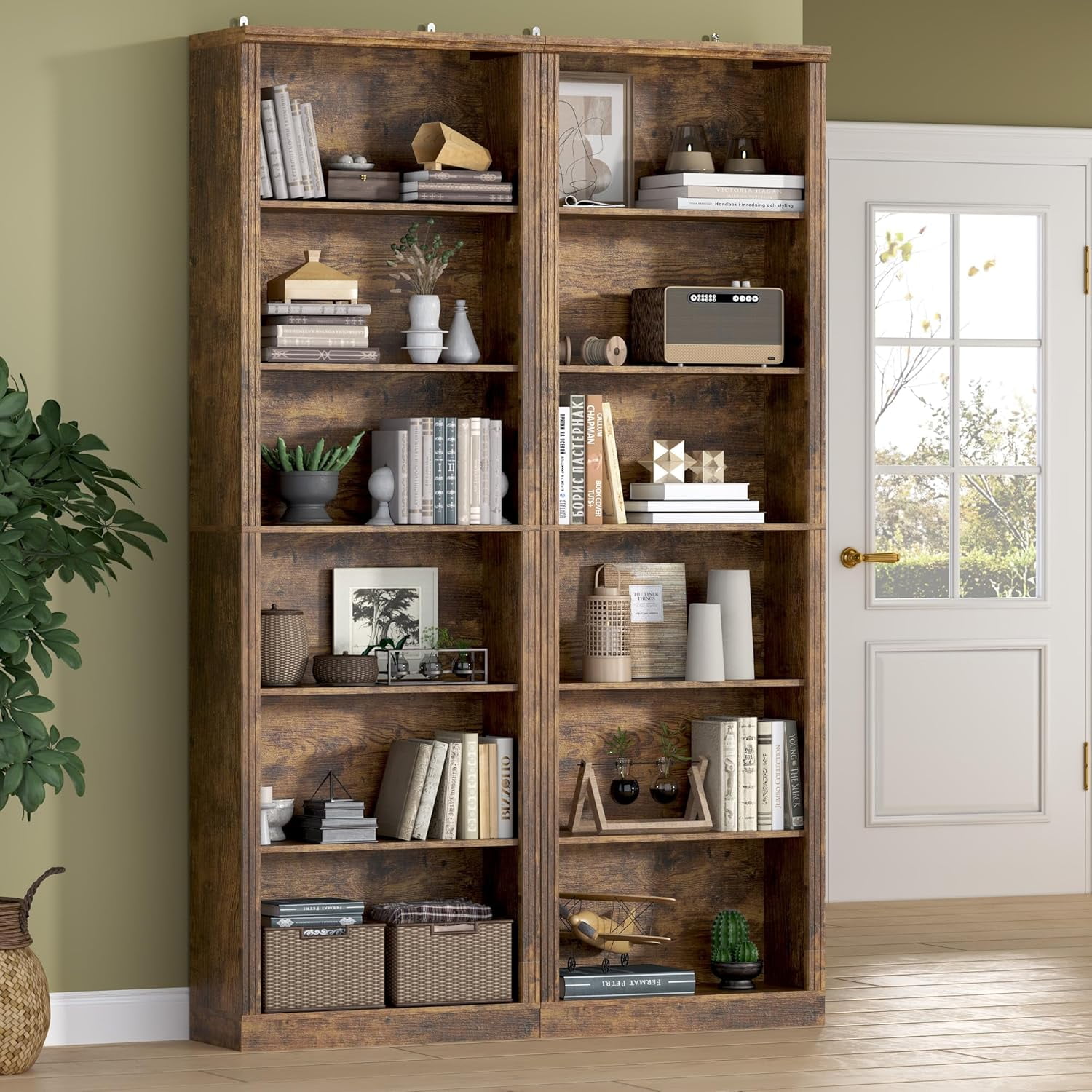 UUYDI 71.4" Tall Bookshelf with Drawers & Cabinet 5-Tier Floor Standing ...