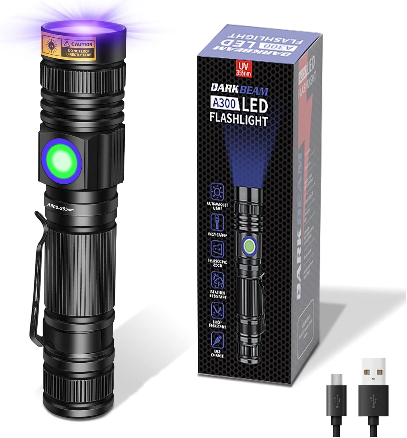UV 365nm Flashlight Blacklight Rechargeable USB, Wood's lamp Handheld ...