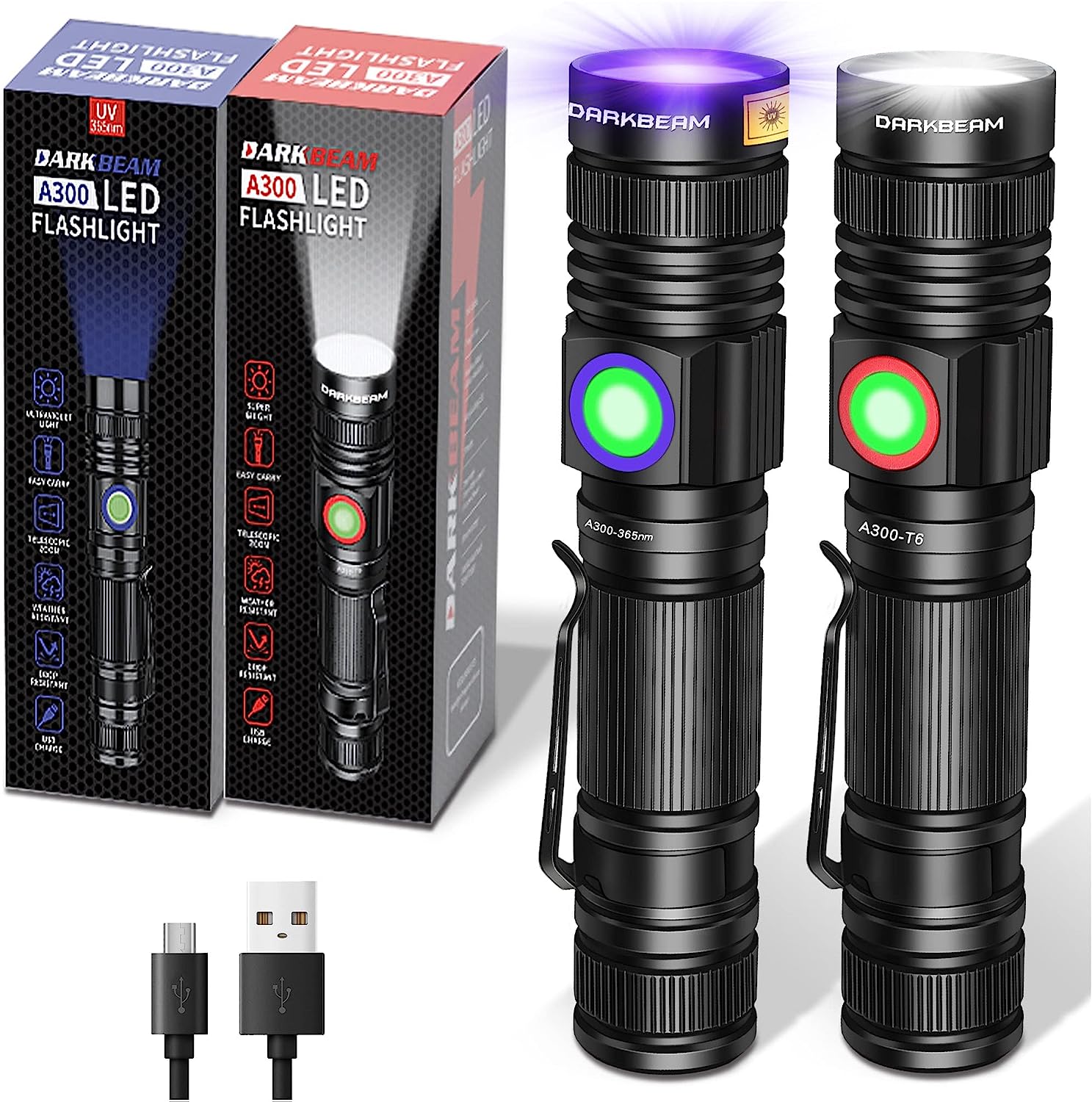 UV 365nm Flashlight USB Rechargeable Wood's Lamp Black Light Ultraviolet, LED Super Bright ...