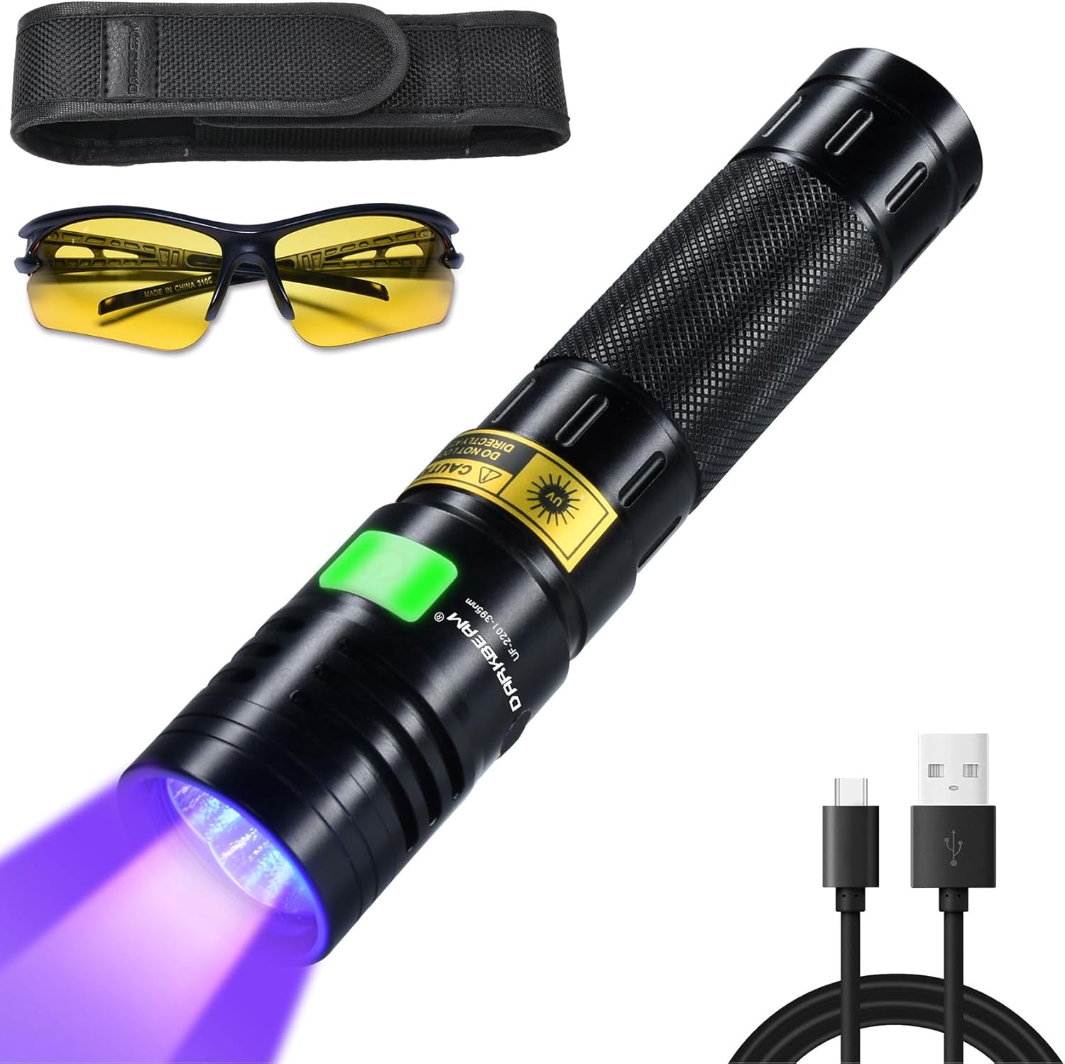 UV Flashlight 395 nm Light Blacklight, Mini Powerful Woods Lamp USB-C Rechargeable, 3 LEDs 20W ...