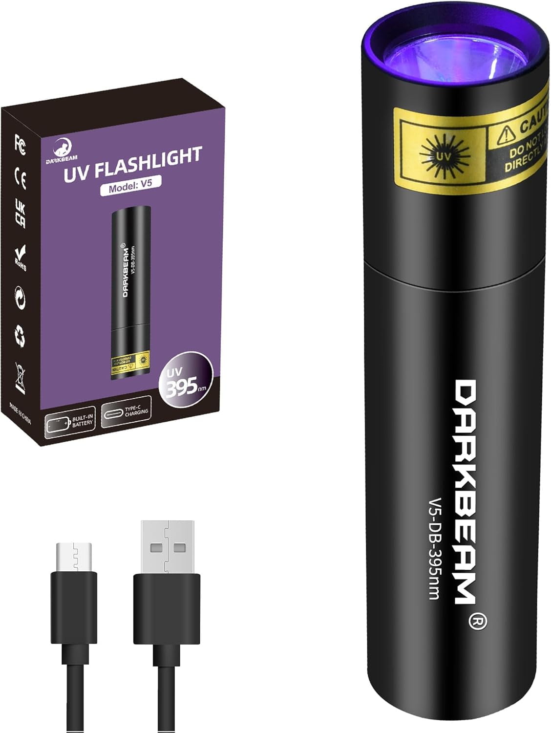 UV Flashlight 395nm Light Blacklight, Mini But Powerful Woods Lamp USB-C Rechargeable, LED ...