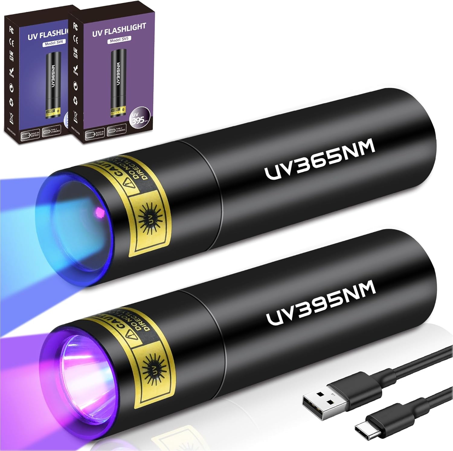 UV Flashlight Rechargeable 365nm & 395nm Black Light for Pet Urine Detection, USB Portable ...
