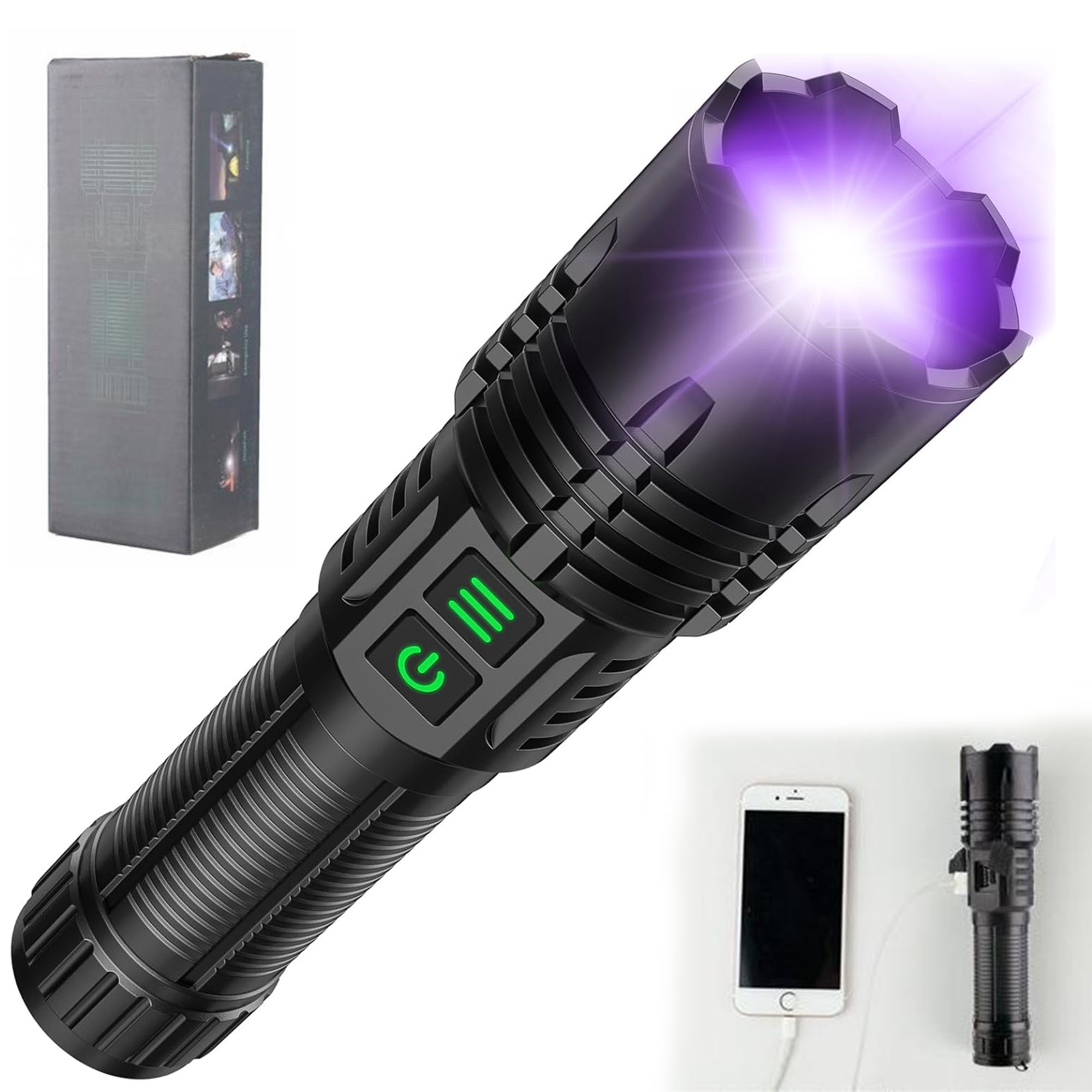 UV&High Lumens Flashlight Rechargeable, 2-in-1 Powerful Blacklight LED ...