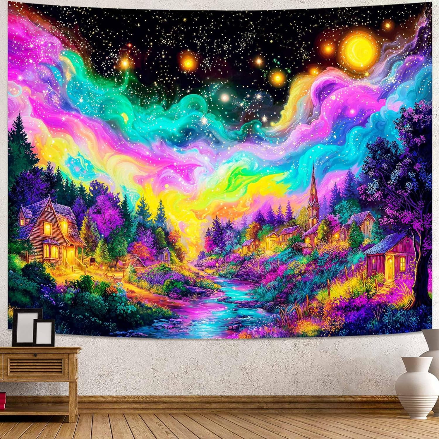 UV Reactive Starry Sky Village Tapestry Wall Art 60 x 44 Inches ...